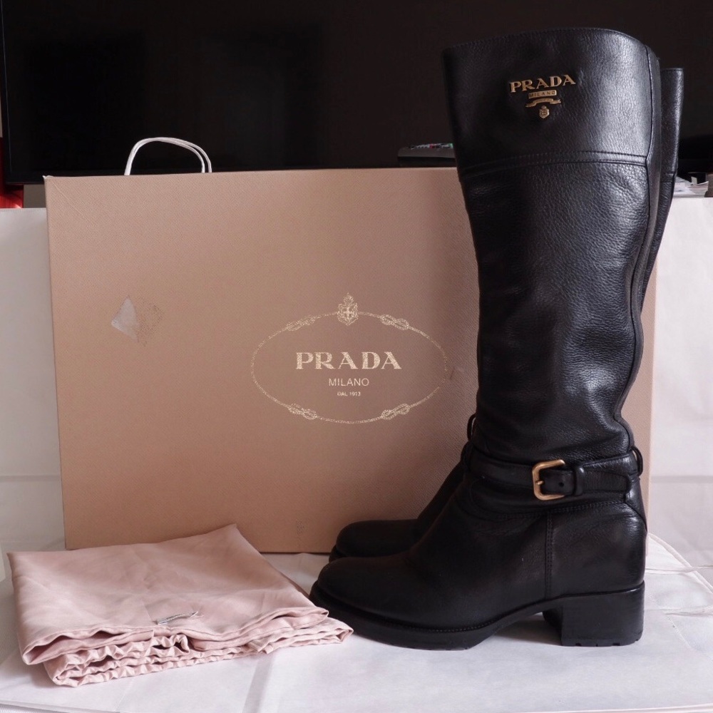 Prada Black Tall Pebbled Leather Riding Boots - Gem